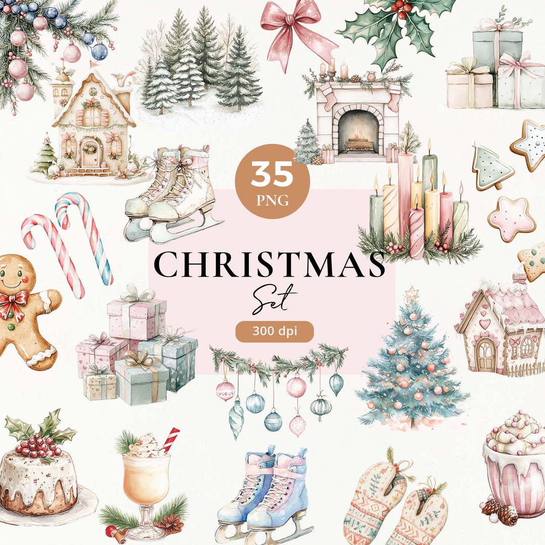 Christmas Set Clipart, Watercolor Winter PNG, Christmas Bow ...
