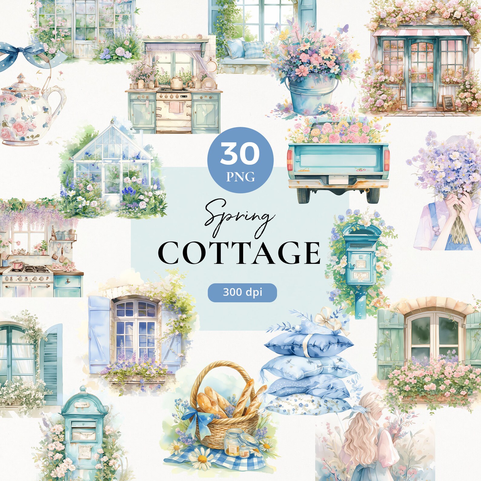 Cottagecore Clipart, Watercolor Spring Clipart, Farmhouse Bundle ...