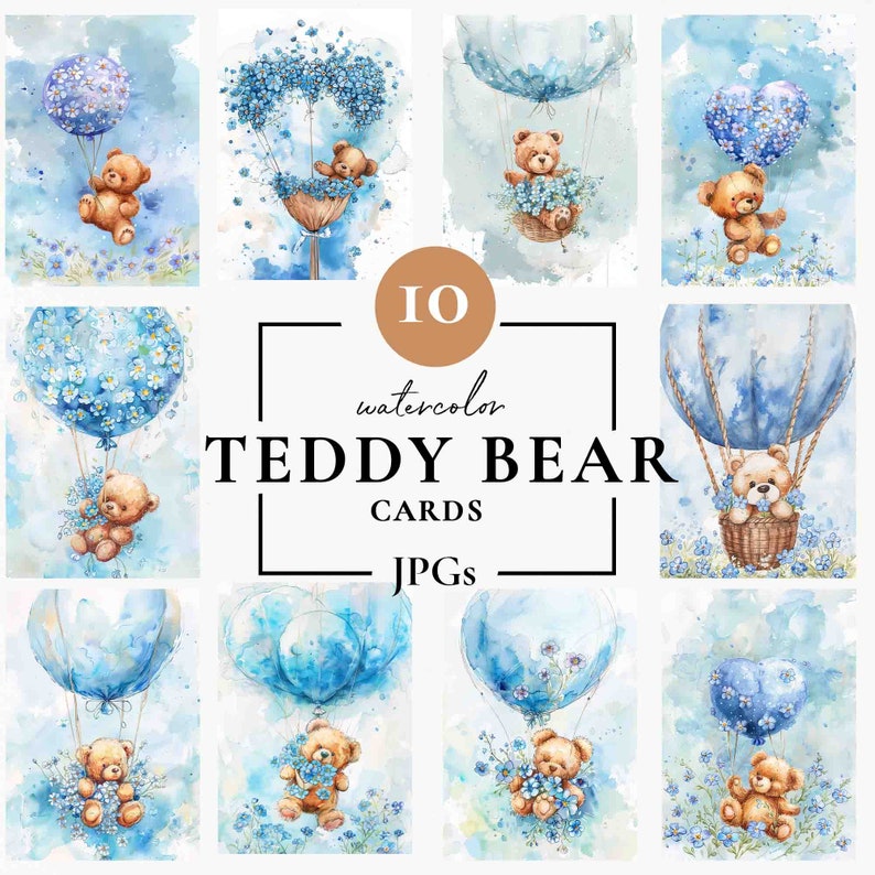 Teddy Bear in Hot Air Balloon, Blue Teddy Bear Clipart, Cute Watercolor ...