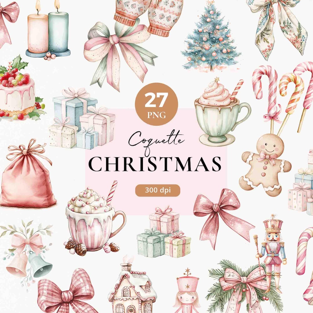 Coquette Christmas Clipart Set, Pink Christmas PNG, Christmas ...