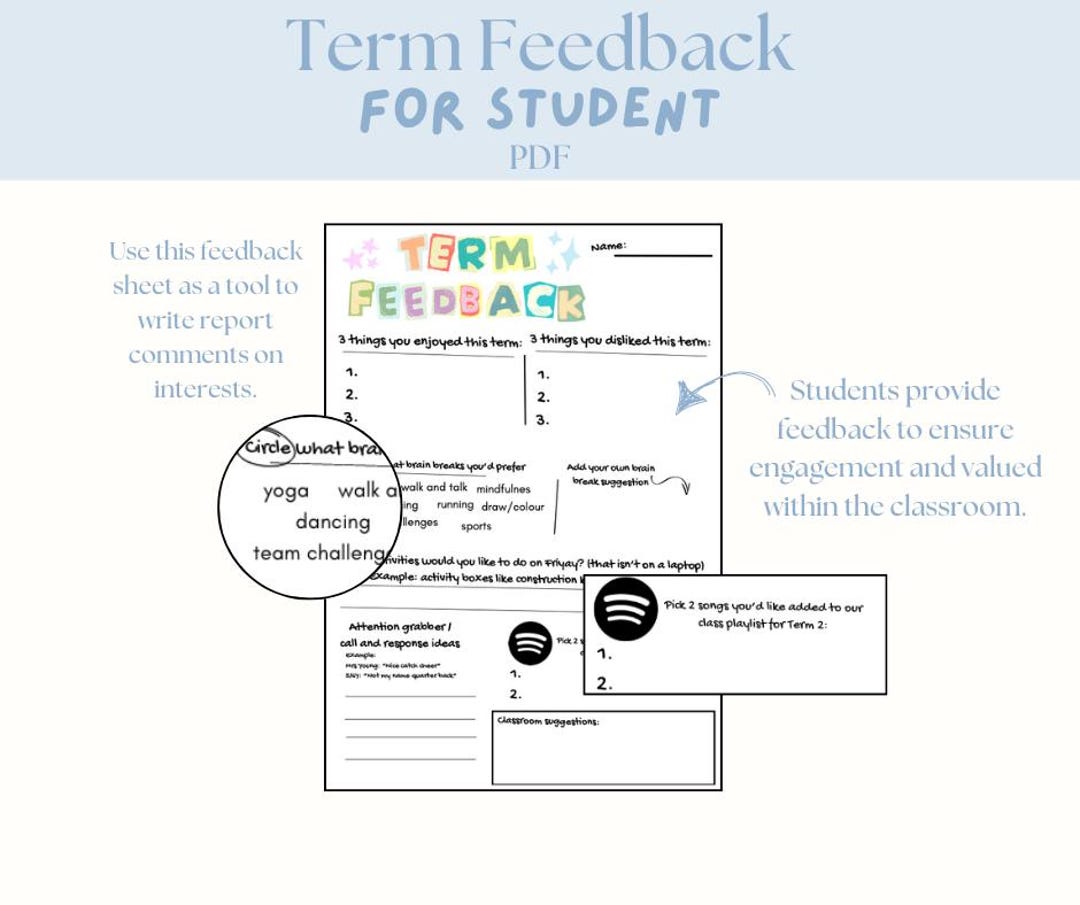 Term Feedback Sheet - Student Feedback - Printable PDF - Etsy
