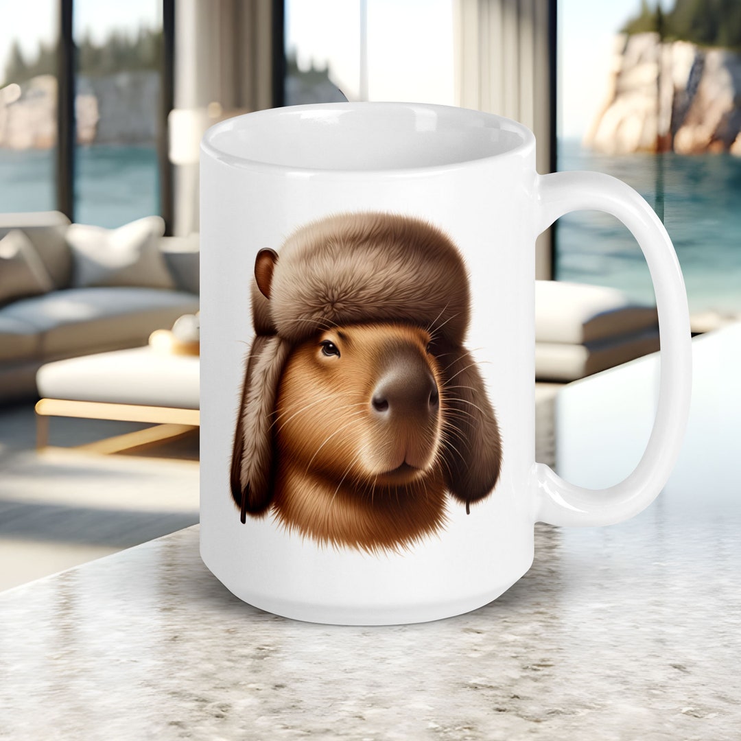 Capybara Mug, Capybara Wearing a Warm Furry Hat, Fun Gift for Capybara ...