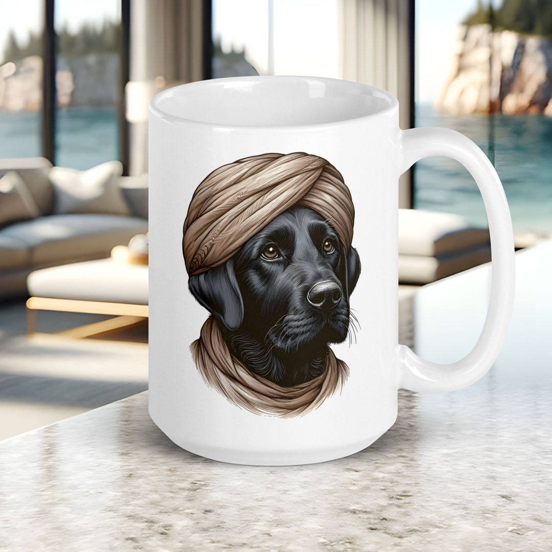 Black Lab Mug, Black Lab Wearing a Turban, Fun Gift for Dog Lover, Cute ...