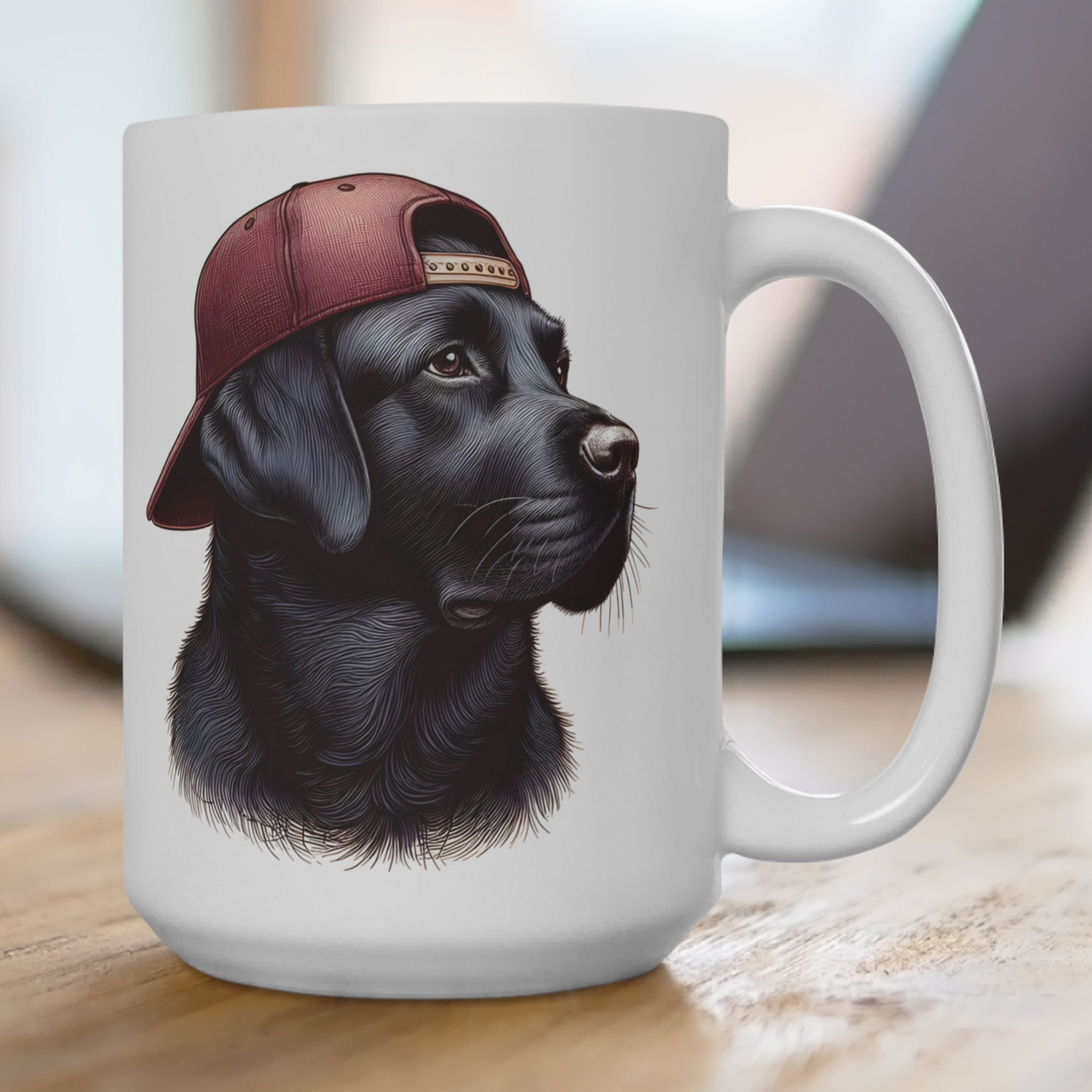 Black Lab Mug, Black Lab Wearing a Red Baseball Cap, Fun Gift for Dog ...