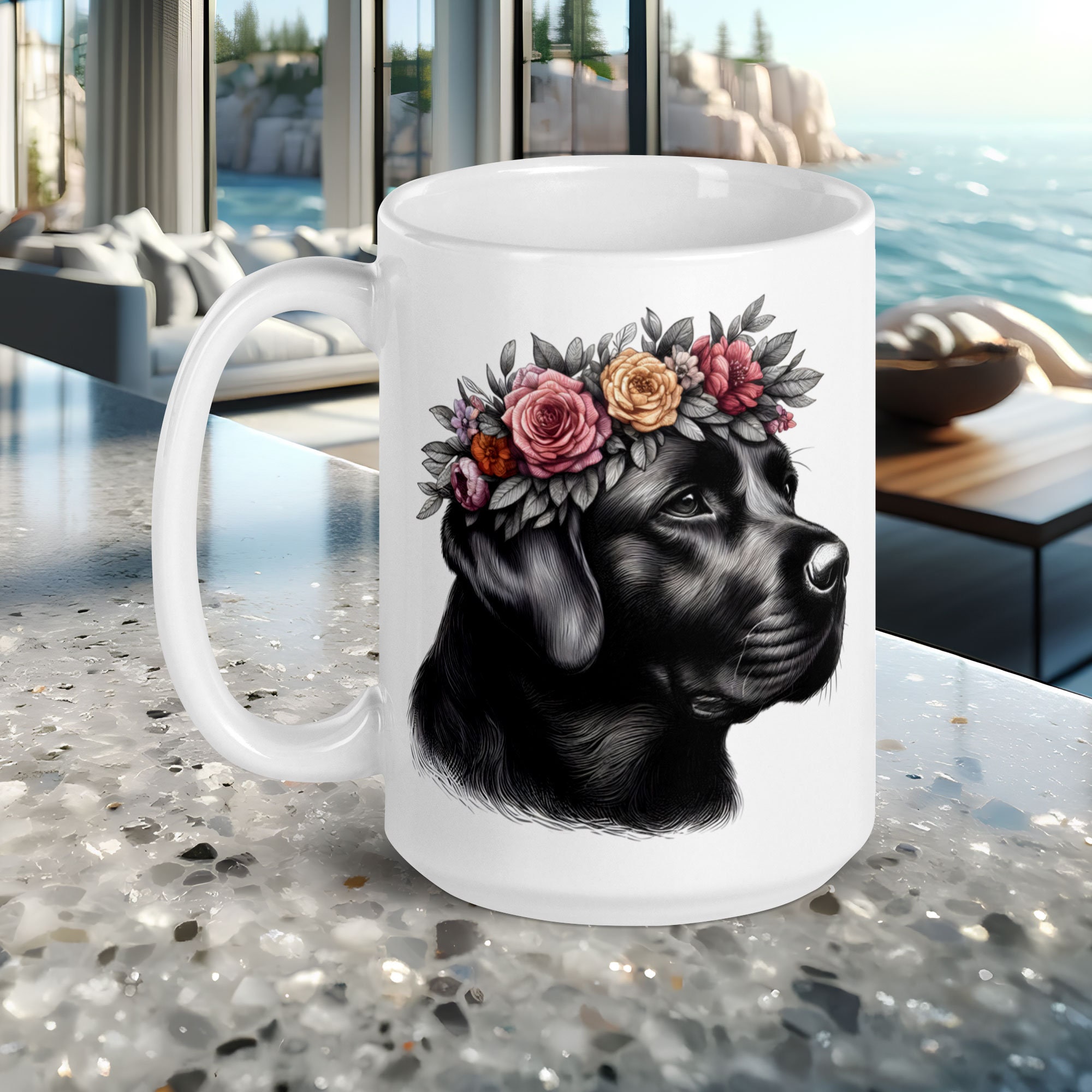 Black Lab Mug, Black Lab Wearing a Crown of Flowers, Fun Gift for Dog ...