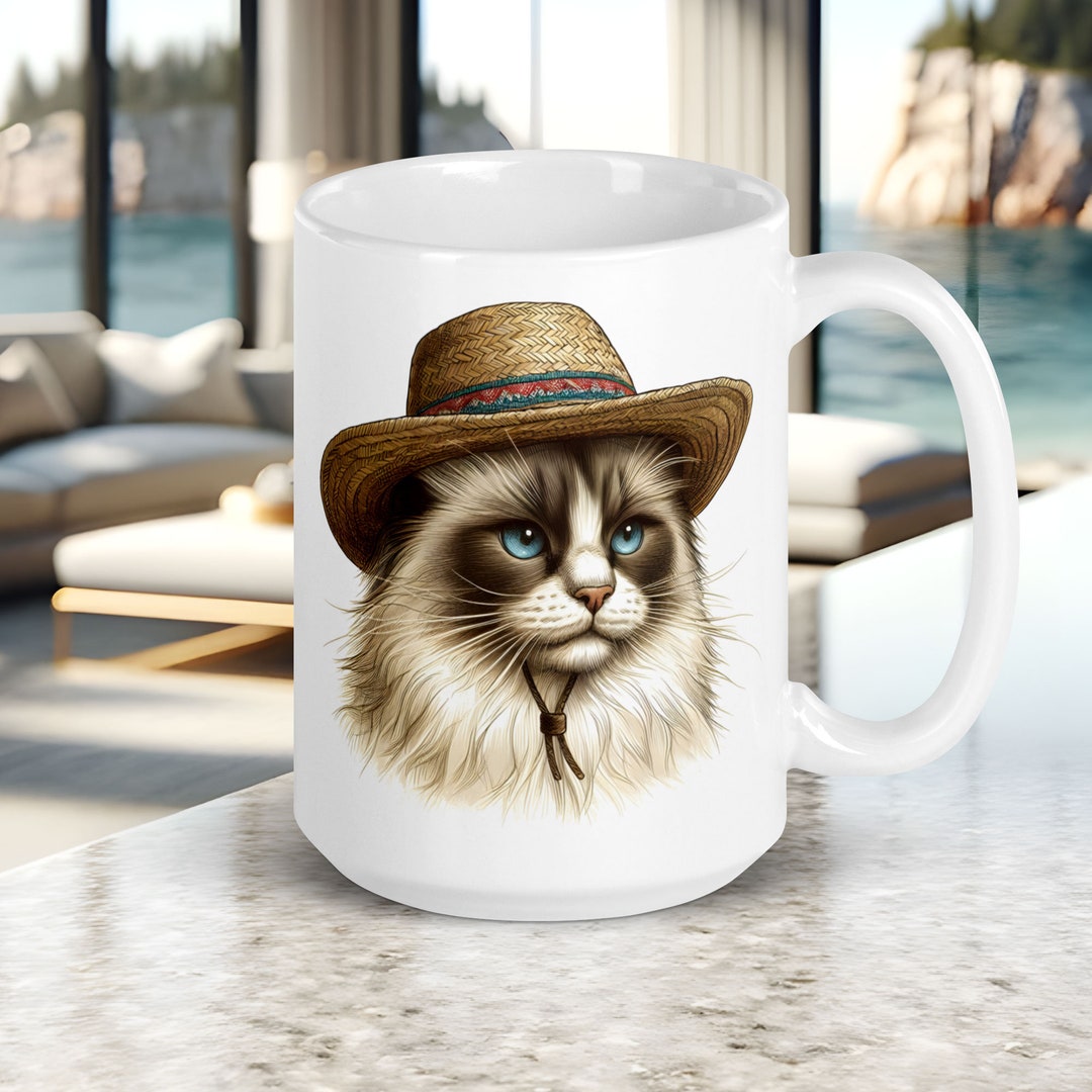 Ragdoll Mug, Ragdoll Wearing a Straw Hat, Fun Gift for Cat Lover, Cute ...