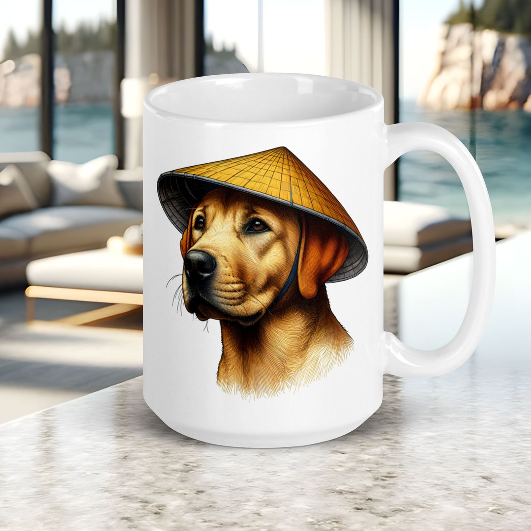 Yellow Lab Mug, Yellow Lab Wearing a Conical Asian Hat, Fun Gift for ...