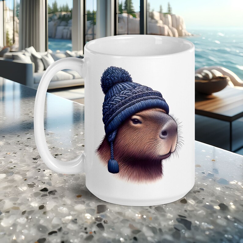 Capybara Mug, Capybara Wearing a Warm Blue Hat, Fun Gift for Capybara ...