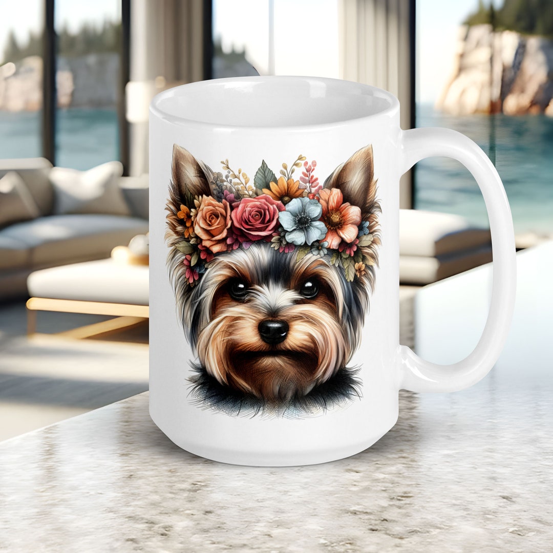 Yorkie Mug, Yorkie Wearing a Crown of Flowers, Fun Gift for Dog Lover ...