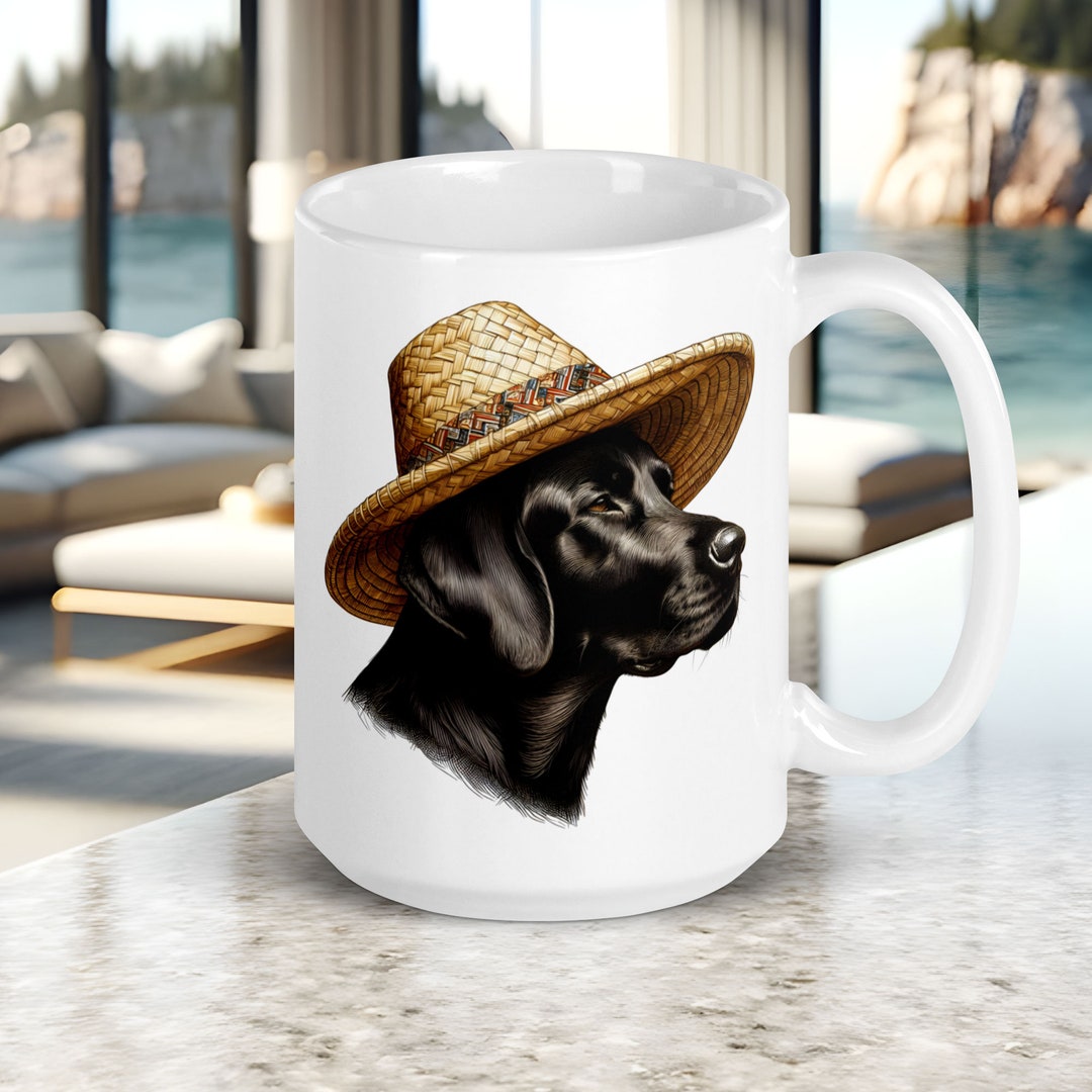 Black Lab Mug, Black Lab Wearing a Straw Hat, Fun Gift for Dog Lover ...