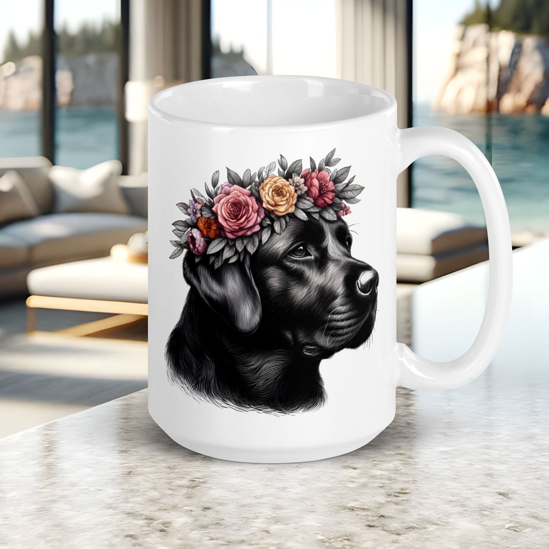 Black Lab Mug, Black Lab Wearing a Crown of Flowers, Fun Gift for Dog ...