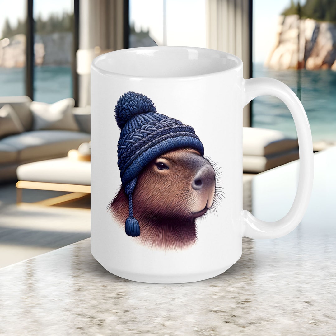 Capybara Mug, Capybara Wearing a Warm Blue Hat, Fun Gift for Capybara ...
