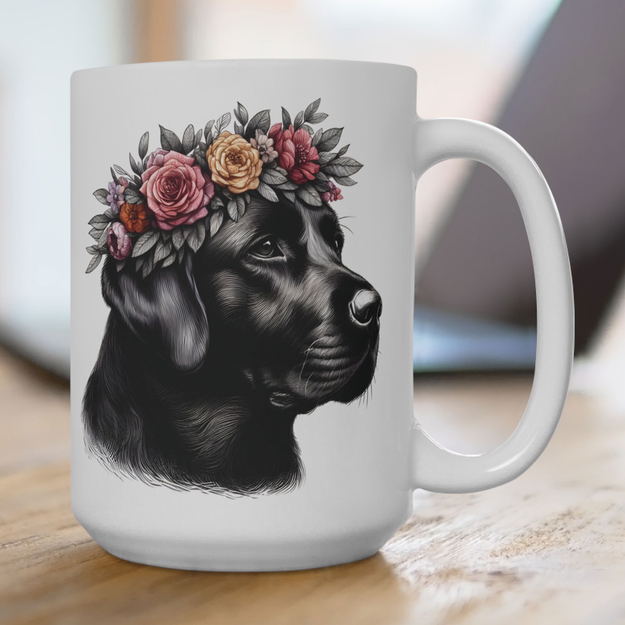 Black Lab Mug, Black Lab Wearing a Crown of Flowers, Fun Gift for Dog ...