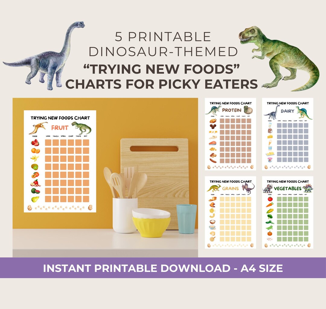 5 Dinosaur-themed Printable "trying New Foods Charts" for Picky Eaters ...