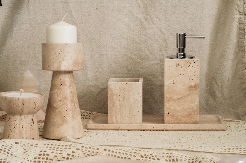 Travertine Bath Set, Luxury Stone Bathroom Accessories,soap Dispenser ...