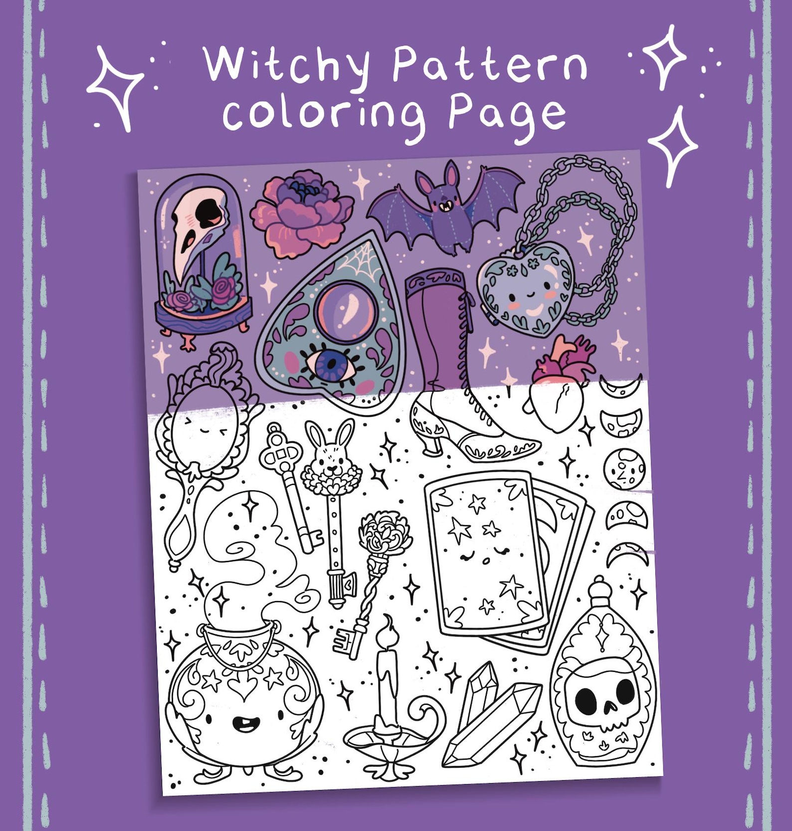 Witchy Pattern Coloring Page Instant Printable Download 8x10 Png - Etsy