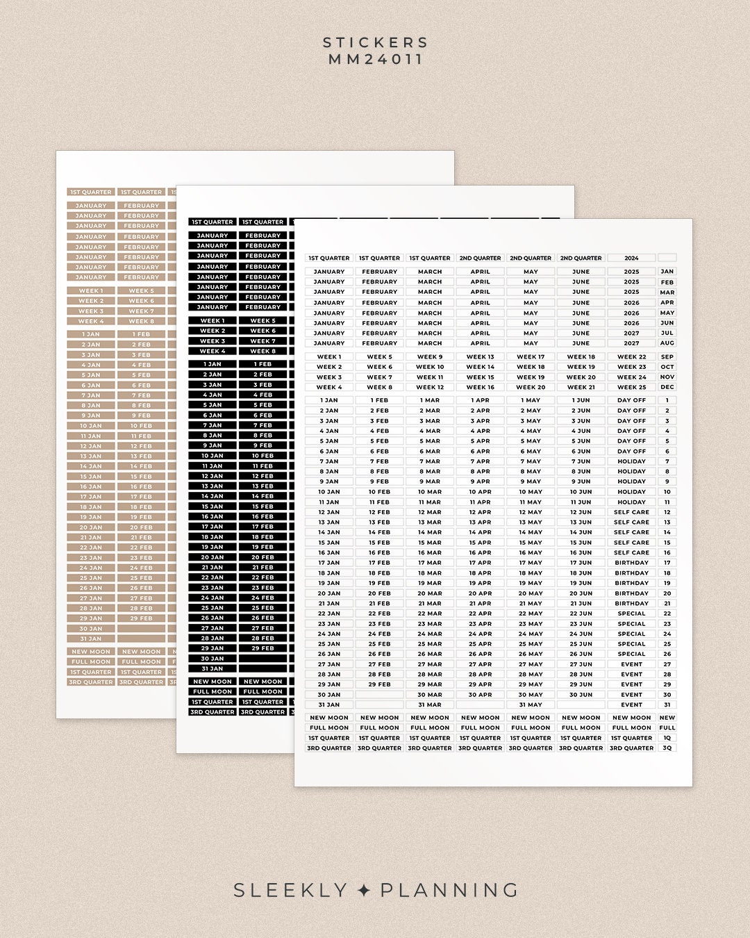 Perpetual Daily Horizontal Dates Sticker Sheet Minimal Modern Simple ...