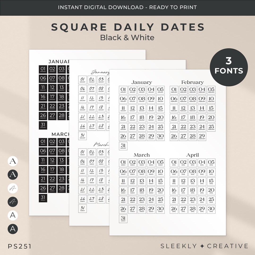 Daily Date Sticker Sheet Black | 0.6" 15mm Perpetual Minimal Modern ...