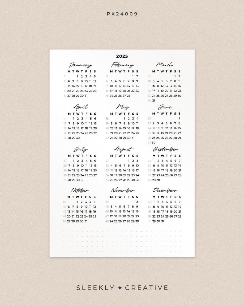 Pollux 2025 Year Calendar | Year at Glance W/ Weeks Printable Template ...