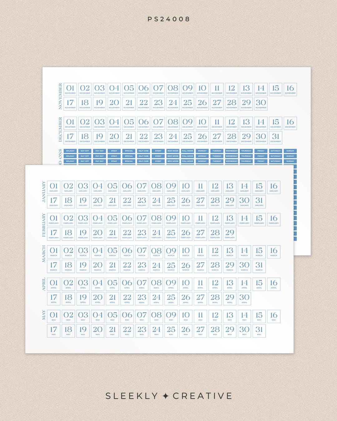 Perpetual Blue Daily Dates Sticker Sheet 0.6 15mm Minimal Modern Square ...