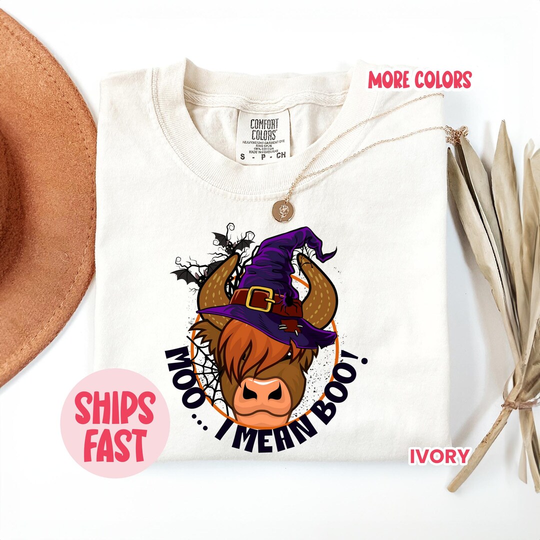 Moo I Mean Boo Cow Halloween Shirt, Funny Highland Cow Witch T-shirt ...