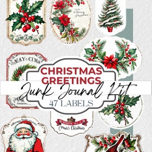 Vintage Christmas Junk Journal Labels, Printable Ephemera Kit, Holiday Craft Supplies, Festive ...