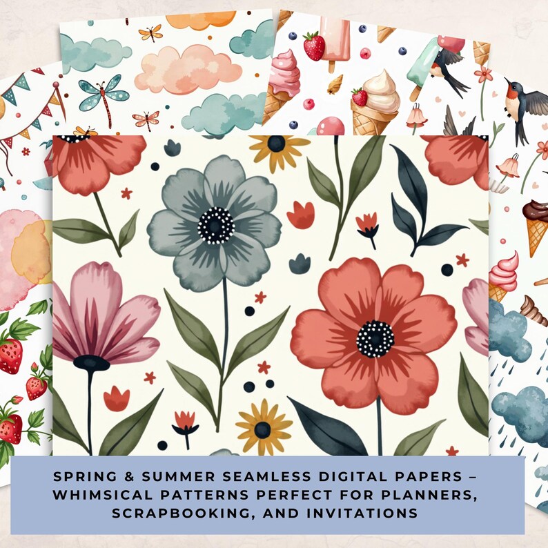 Spring & Summer Digital Paper, Seamless Patterns for Scrapbooking ...