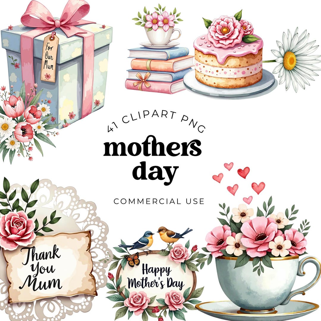 Mother's Day Clipart Set, Pink Florals, Mom Designs & Hand-painted ...