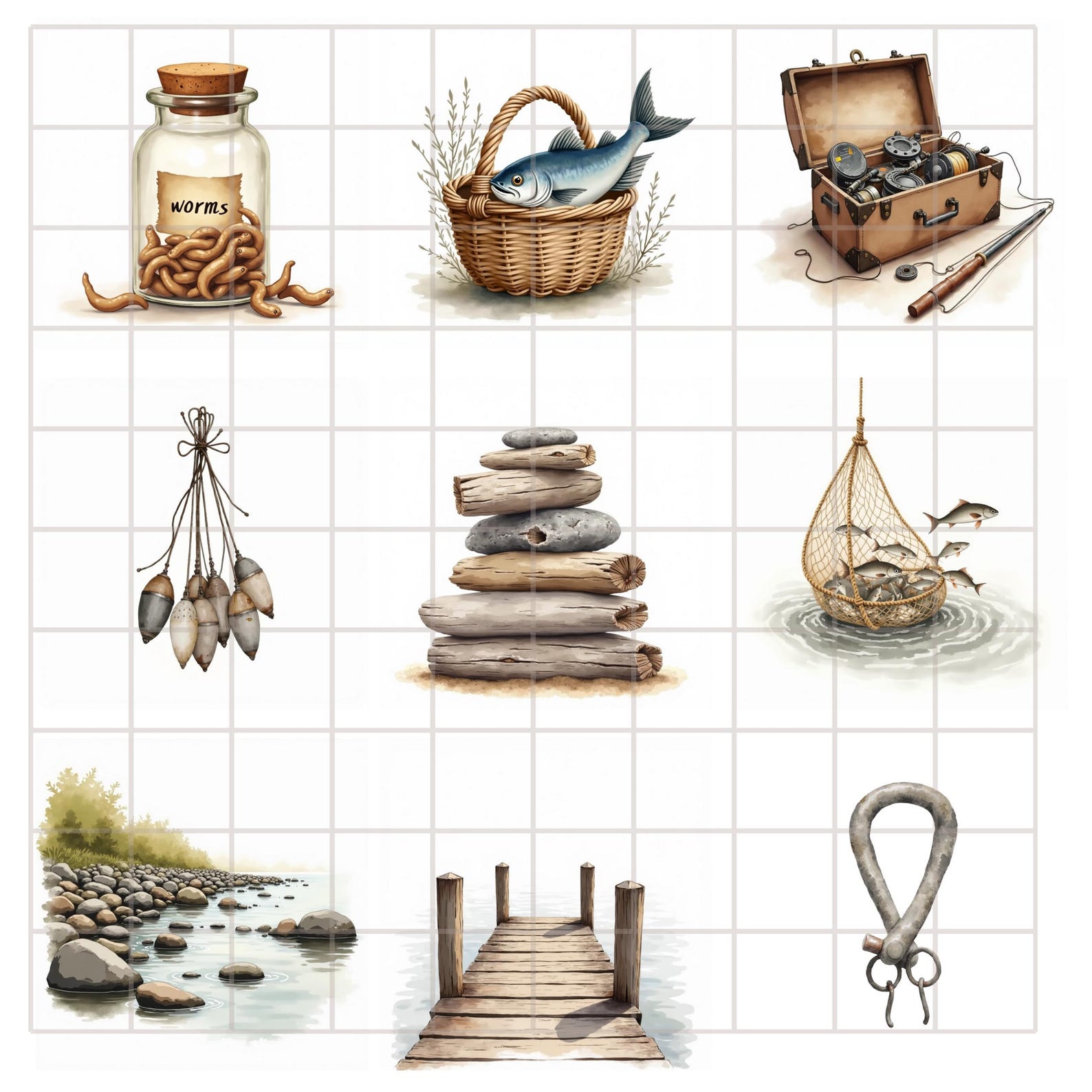 Watercolor Fishing Clipart Set, Fishing Tackle Watercolour Art ...