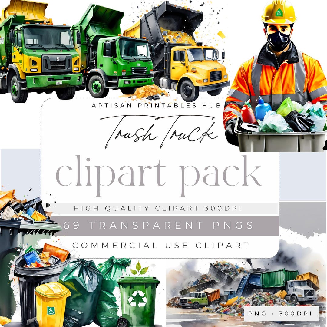 Garbage Truck Clipart Set, Recycling Truck Art PNG for Kids, Digital ...
