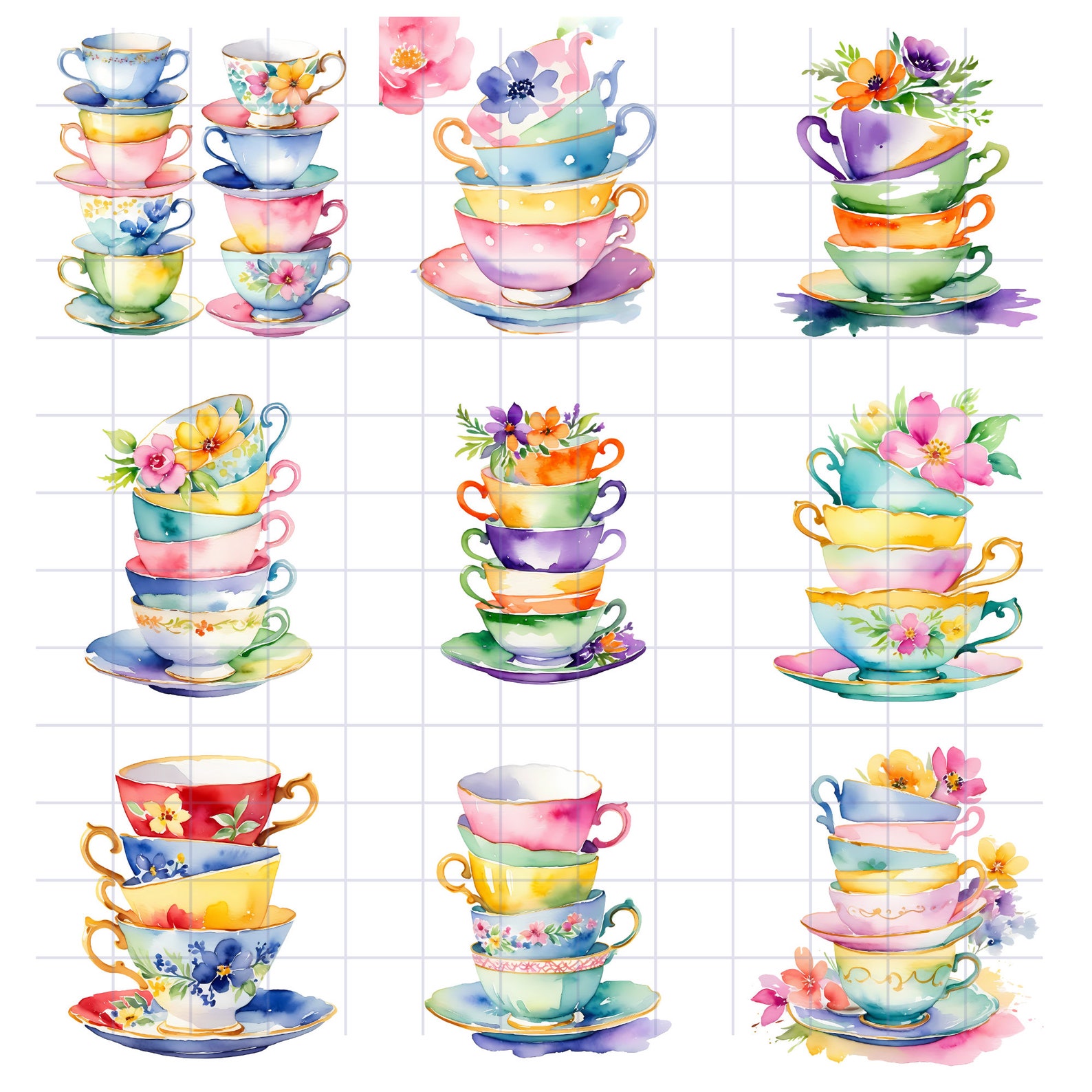 Vintage Teacup Stack Clipart, Floral Stack of Teacups Clipart ...