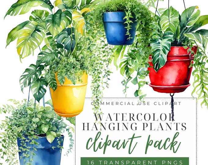 Boho Watercolor Clipart Hand Drawn Painted Potted Houseplants Green ...