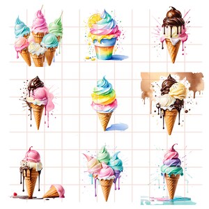 Watercolor Ice Cream Cone Clipart Set, Summer Dessert Illustrations ...
