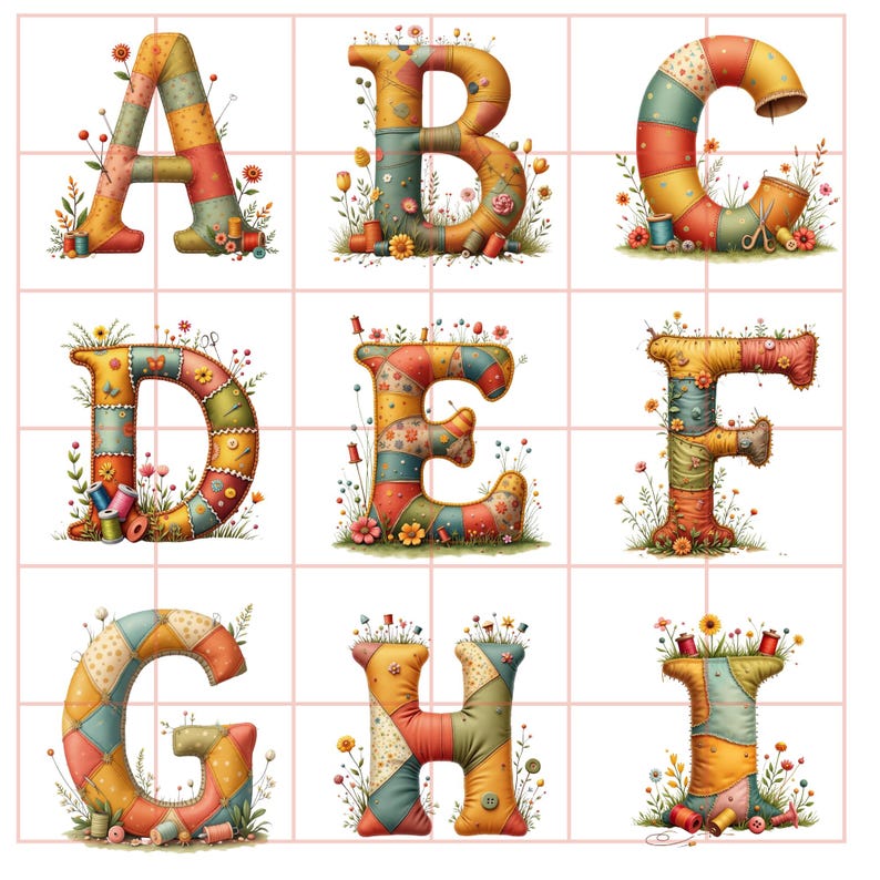 Sewing Alphabet & Fabric Clipart, Patchwork Letters and Numbers ...