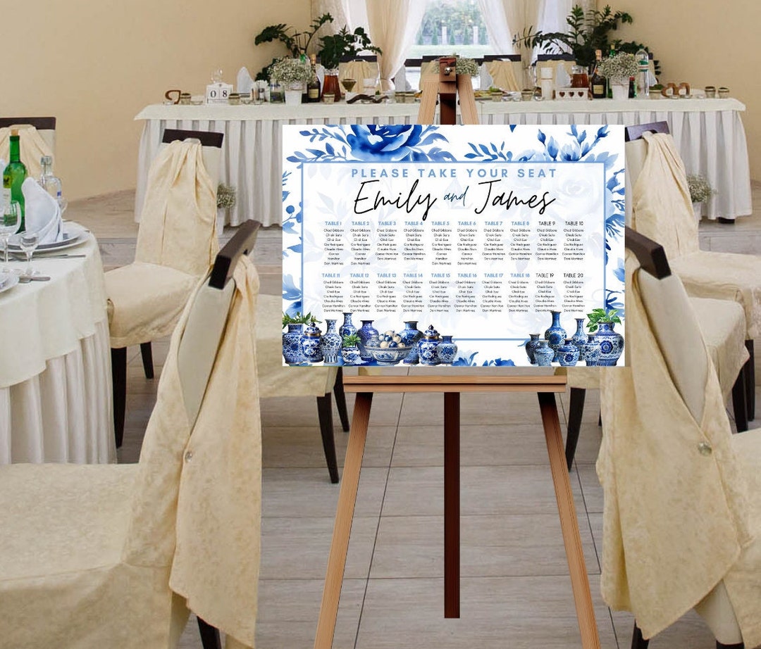 Seating Chart Wedding Template Blue, Editable Table Assignment Sign ...