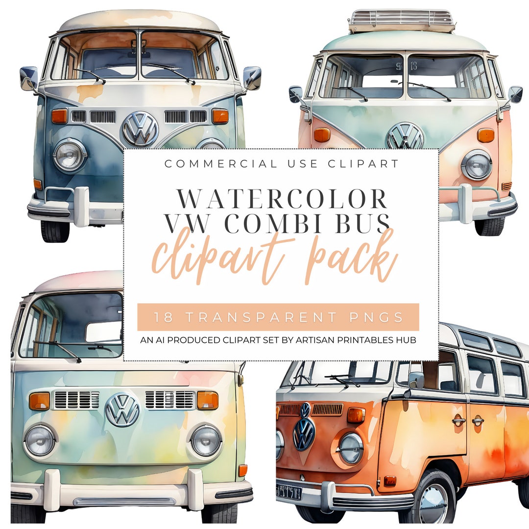 VW Combi Clipart Retro Camper Van Illustration Vintage Bus Digital Art ...