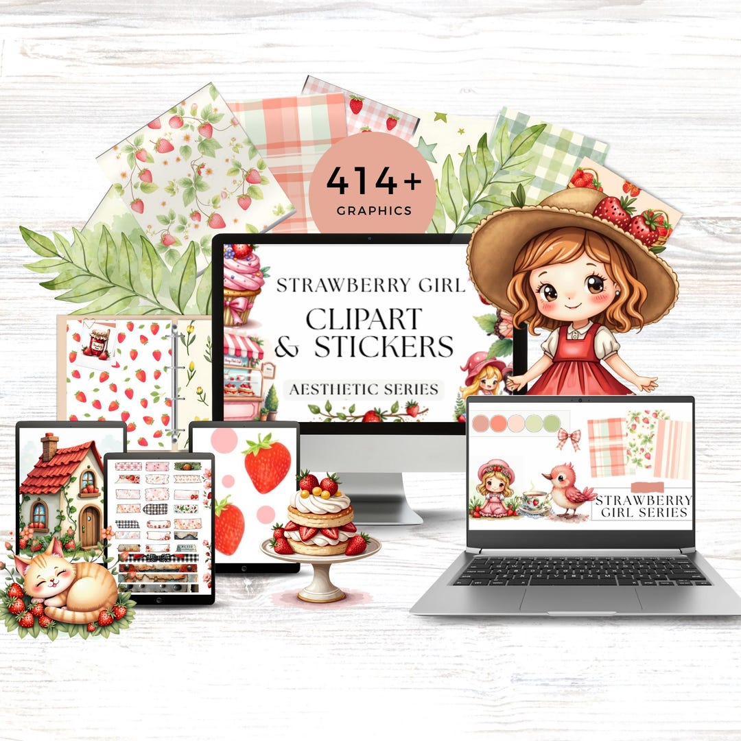 Strawberry Girl Clipart, Stickers, Seamless Papers & Loaded Tags ...