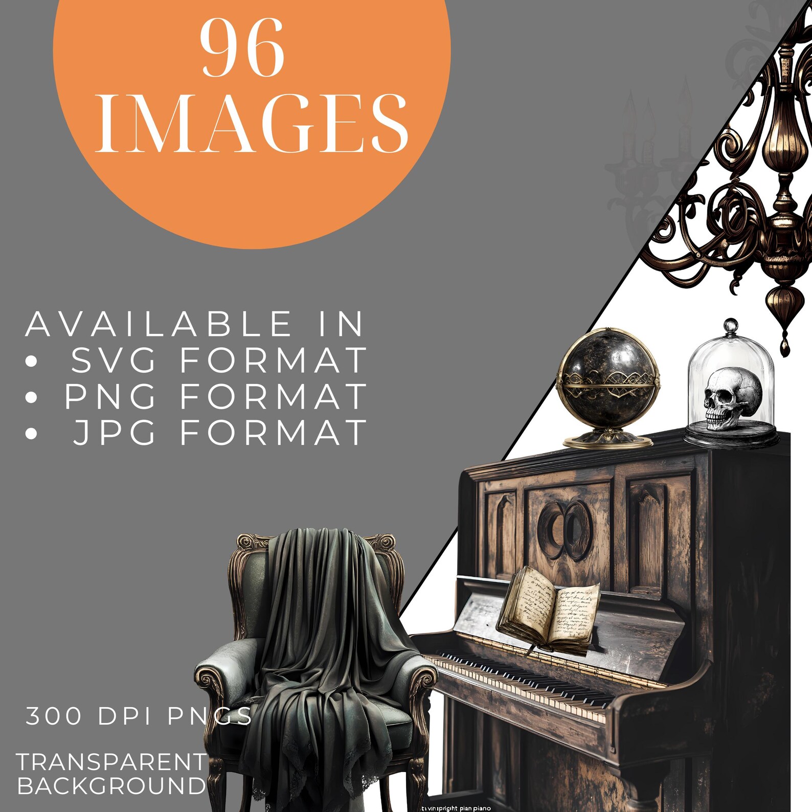 Halloween Gothic Clipart Bundle, Dark Academia Watercolor PNG Set With Skulls, Roses, Books ...