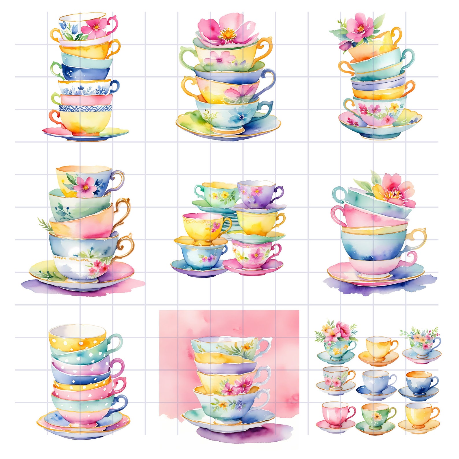 Vintage Teacup Stack Clipart, Floral Stack of Teacups Clipart ...
