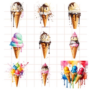 Watercolor Ice Cream Cone Clipart Set, Summer Dessert Illustrations ...