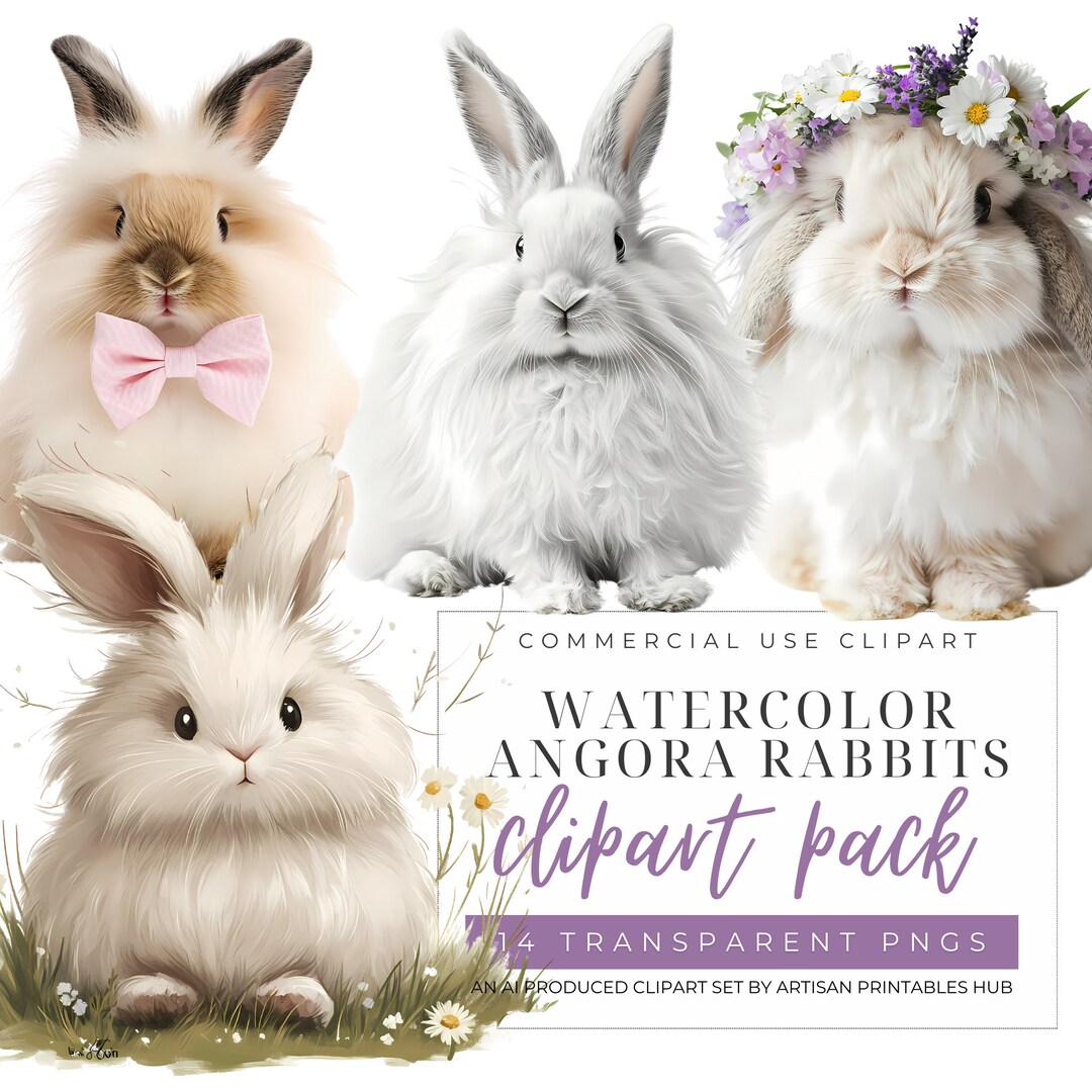 Watercolor Bunny Clipart Bundle, Angora Rabbit PNG Set, Easter Spring ...