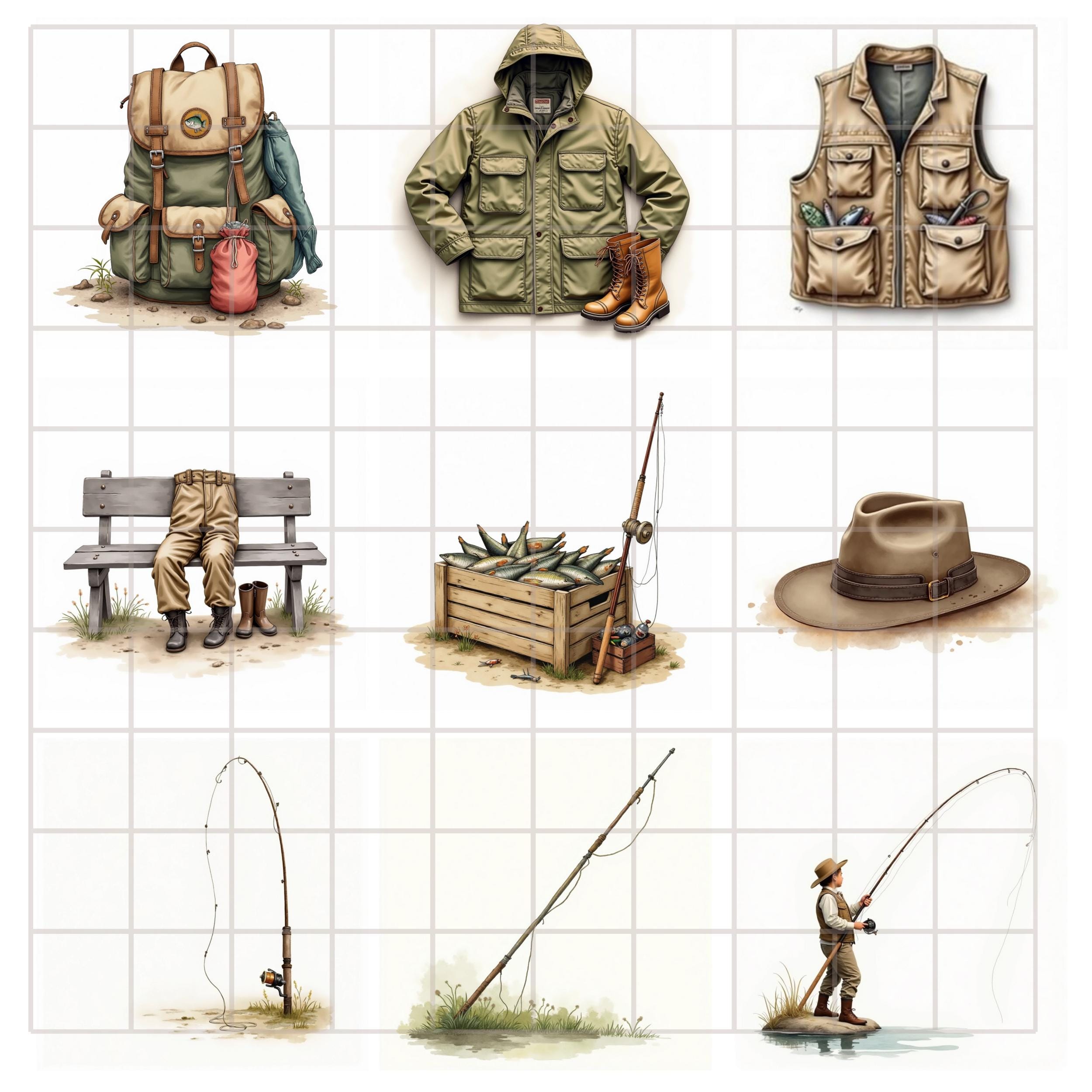 Watercolor Fishing Clipart Set, Fishing Tackle Watercolour Art ...