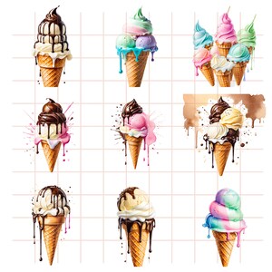 Watercolor Ice Cream Cone Clipart Set, Summer Dessert Illustrations ...