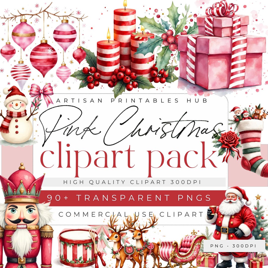 Pink Christmas Clipart PNG Bundle, Modern Bold Holiday Graphics for ...