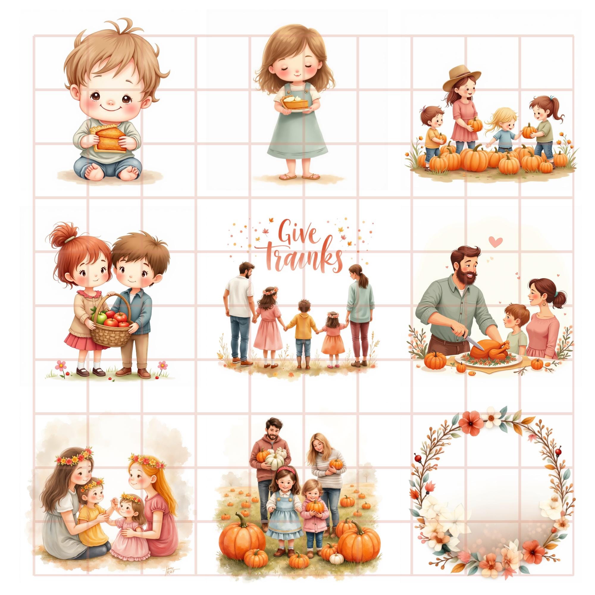 Grandmillennial Thanksgiving Clipart Bundle, Fall Watercolor PNG ...