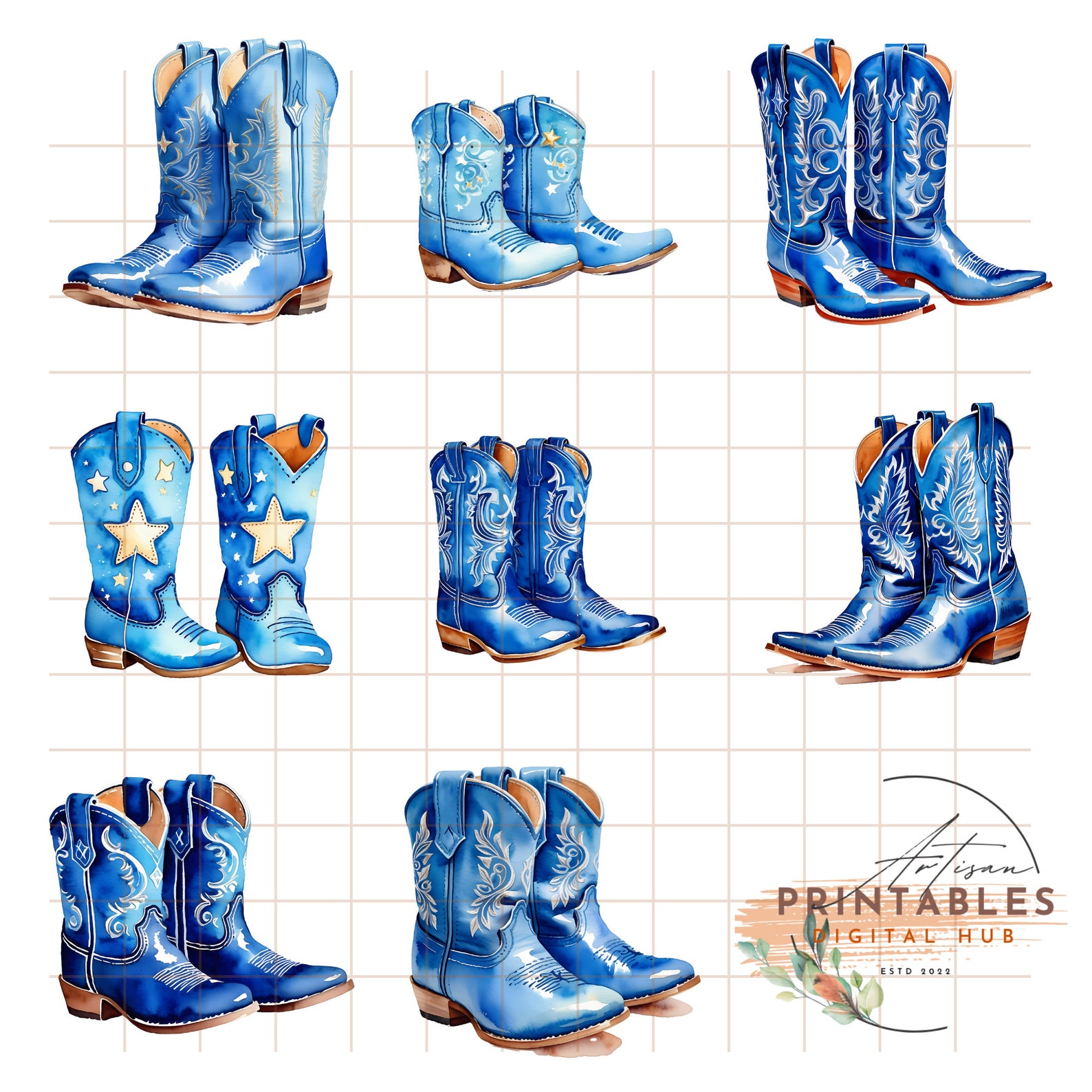 Blue Cowboy Boot Watercolor Clipart, Western Country PNG Design, Rustic ...