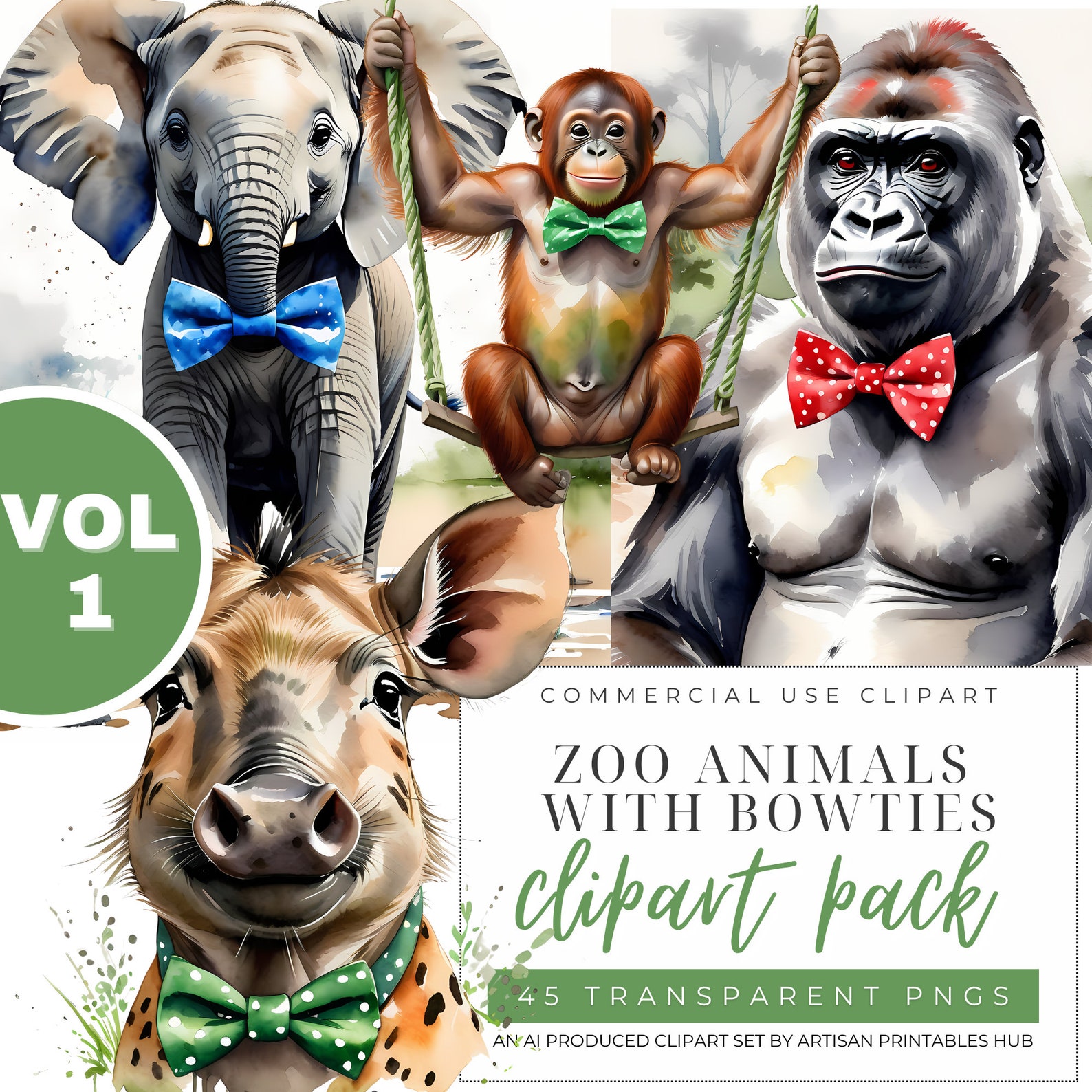 Watercolor Zoo Animals Clipart Set, Safari Animals With Bows, Cute ...