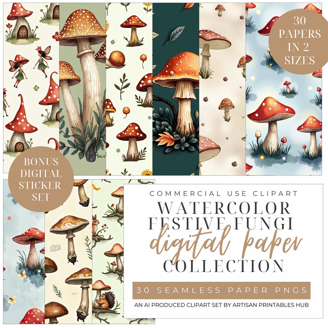 Whimsical Fungi Digital Paper: Seamless Patterns With Mushrooms, Forest ...