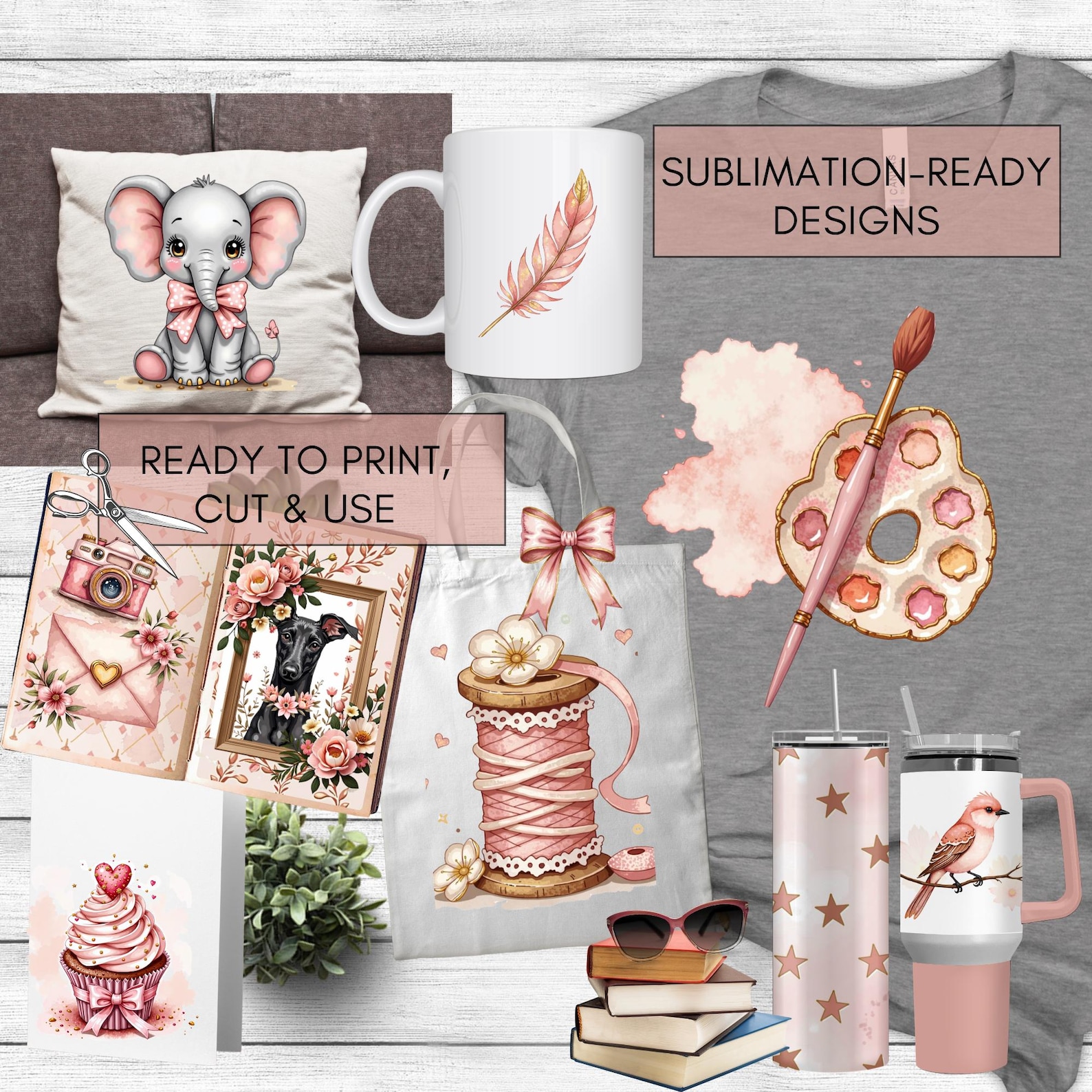 Blush Pink Cottagecore Clipart: Watercolor Florals, Gold Stickers (pngs ...