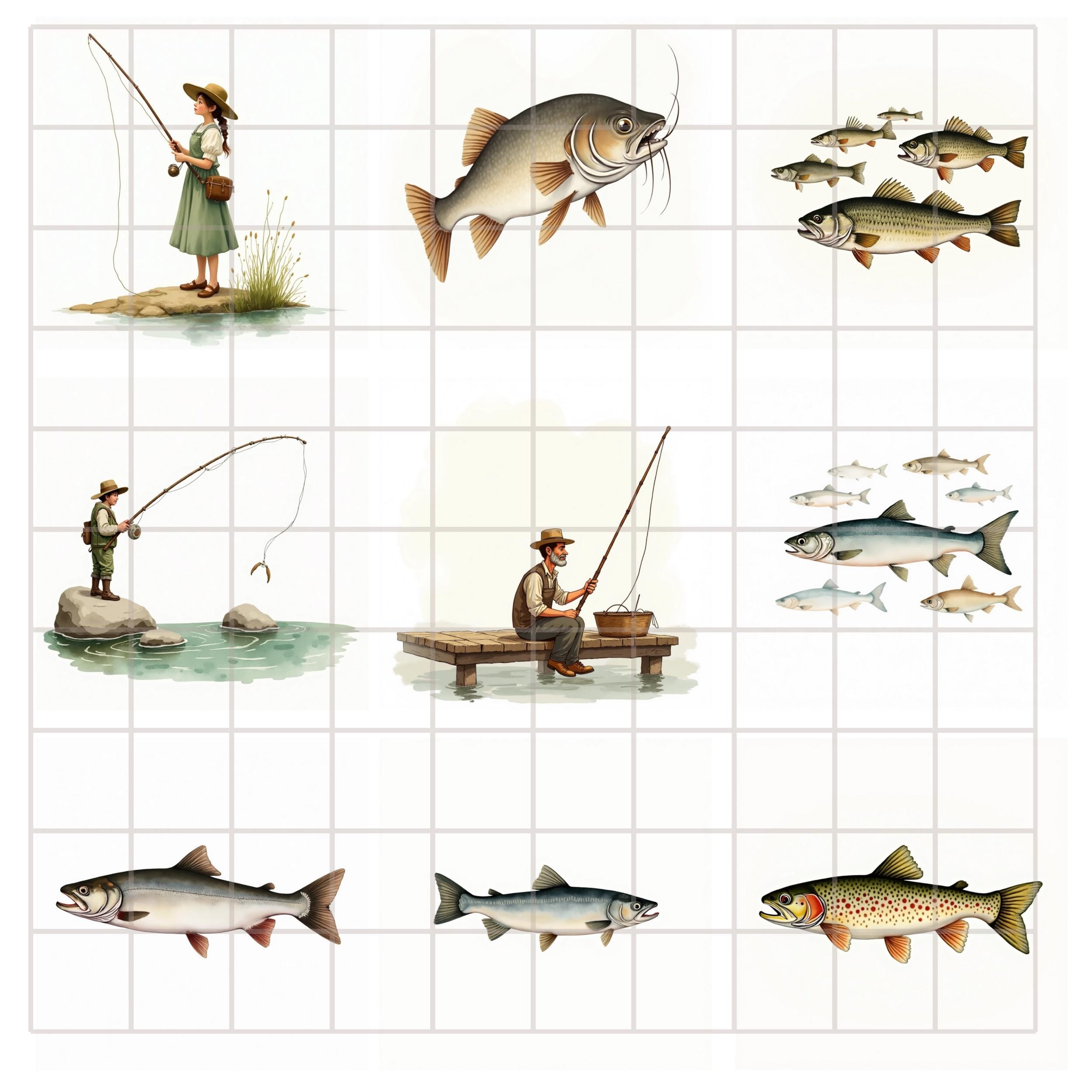 Watercolor Fishing Clipart Set, Fishing Tackle Watercolour Art ...